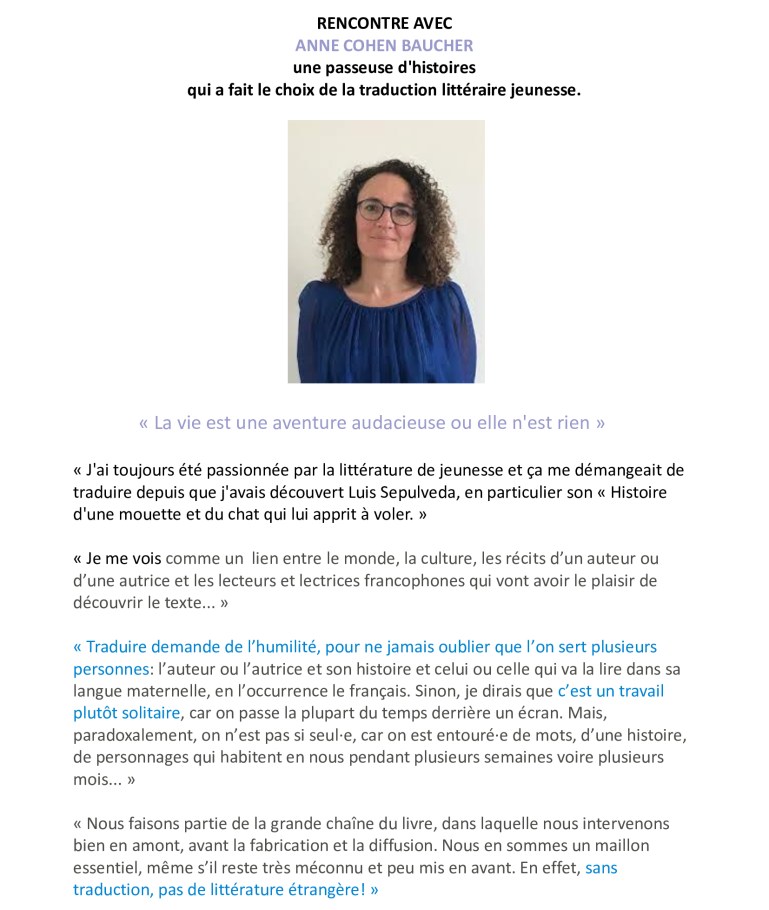 UNE PASSEUSE D’HISTOIRES Anne COHEN-BEUCHER, traductrice.